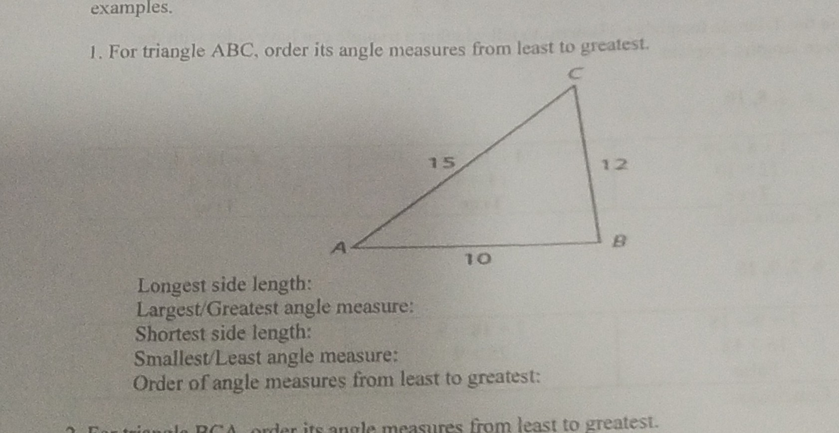 examples. 1. For triangle A B C, order its angle measures from least to ...