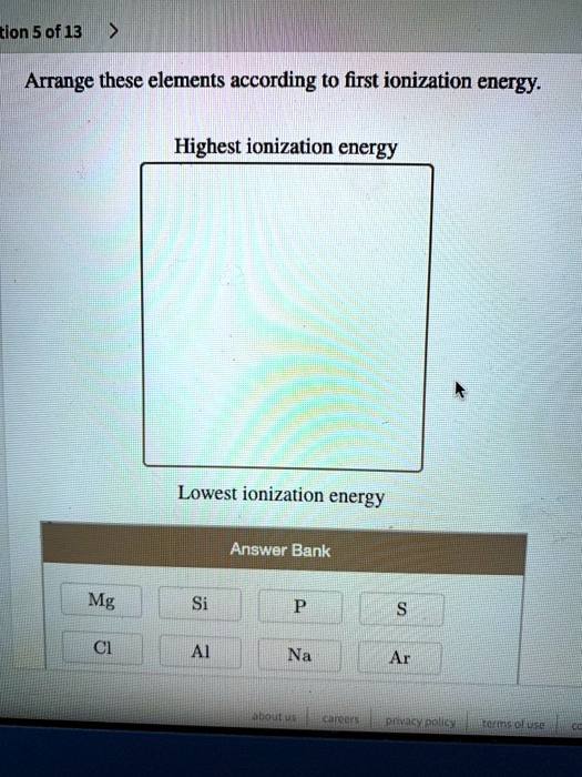SOLVED: ion 5of 13 Arrange these elements according to first ` ionization energy: Highest ...