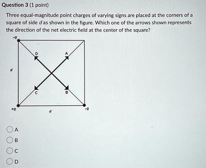 Question 3 (1 point) Three equal-magnitude point charges of varying signs are placed at the ...