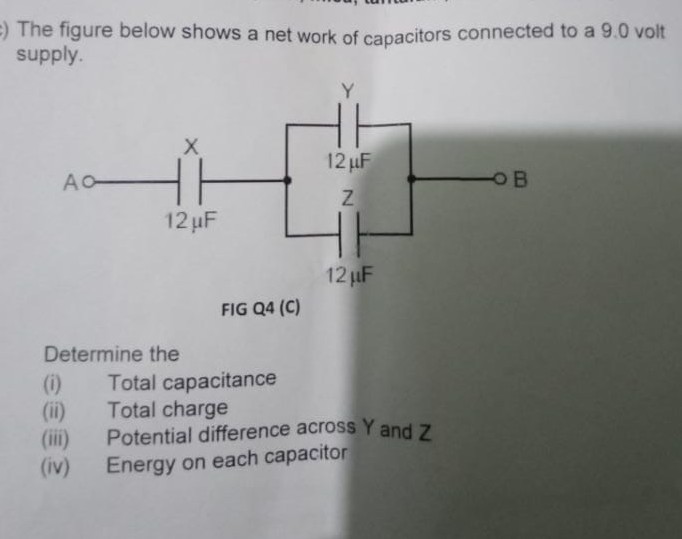 SOLVED: The figure below shows a net work of capacitors connected to a 9.0 volt supply. FIG Q4 ...