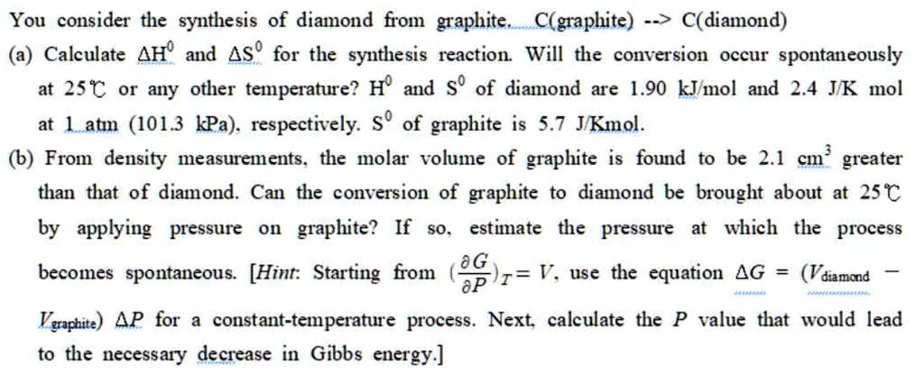 You consider the synthesis of diamond from graphite. C(graphite) C ...