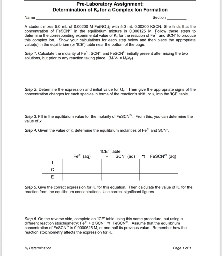 SOLVED: Pre-Laboratory Assignment: Determination of Kcfor a Complex lon Formation Section Name A ...