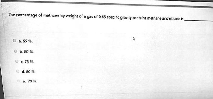 The percentage of methane by weight of a gas of 0.65 specific gravity ...