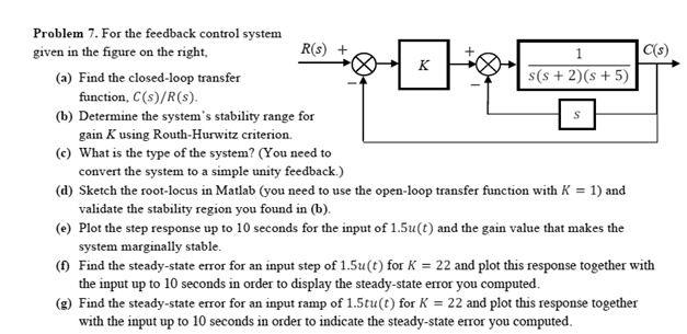 SOLVED: Problem 7. For the feedback control system given in the figure on the right, R(s) 1 C(s ...