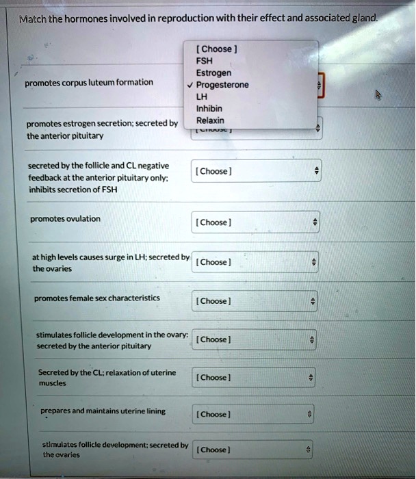 SOLVED: Match the hormones involved in reproduction with their effect ...