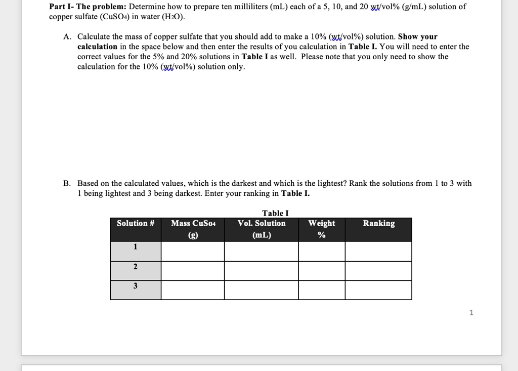 SOLVED: Part [- The problem: Determine how to prepare ten milliliters (mL) each ofa 5, 10,and 20 ...