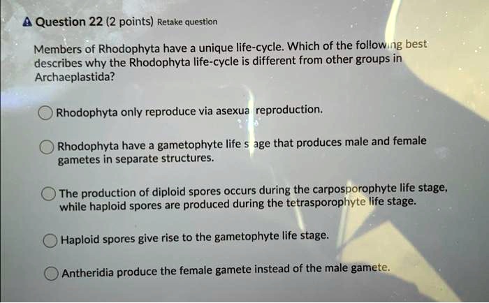 SOLVED: Members of Rhodophyta have a unique life cycle. Which of the ...