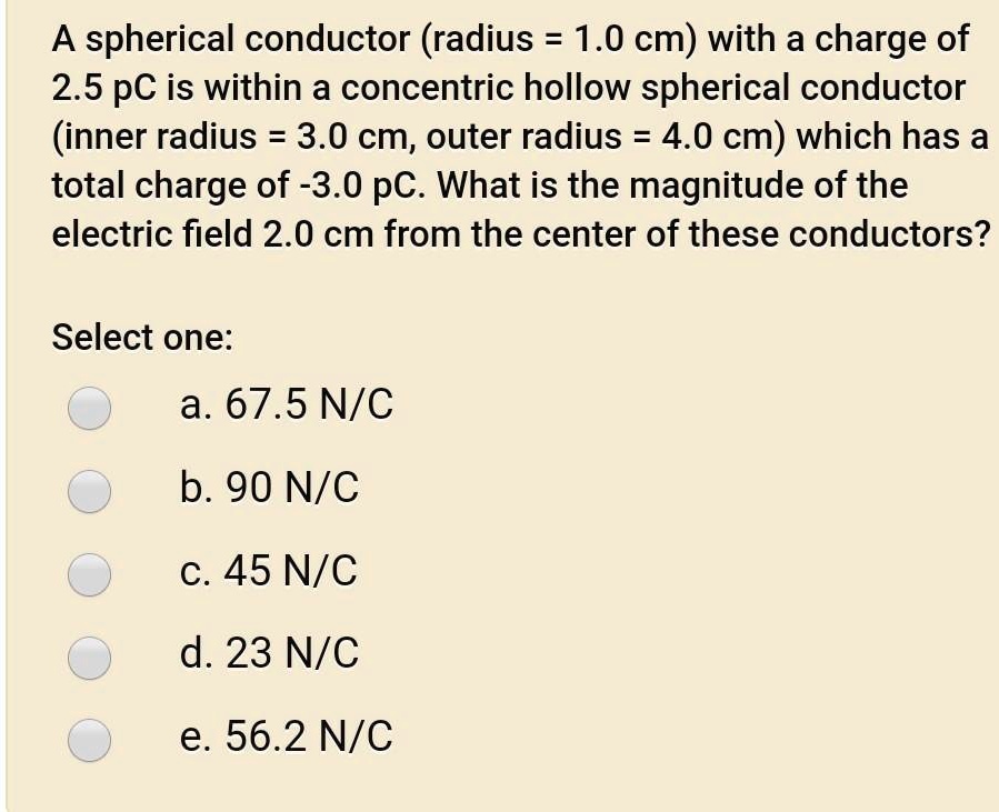 A spherical conductor (radius = 1.0 cm) with a charge of 2.5 pC is ...