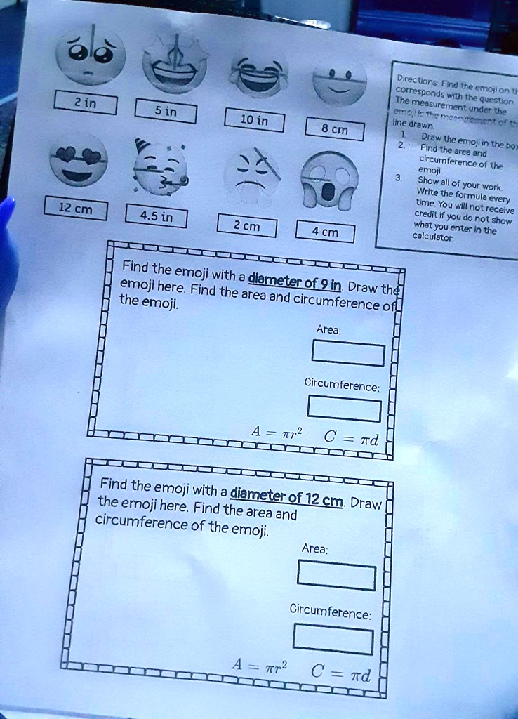 SOLVED: "Find the emoji with a diameter of 12 cm. Draw the emoji here ...