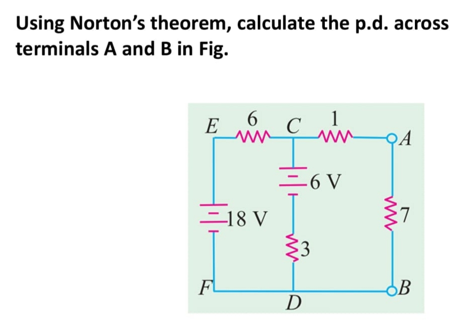 Using Norton's theorem, calculate the p.d. across terminals A and B in Fig.