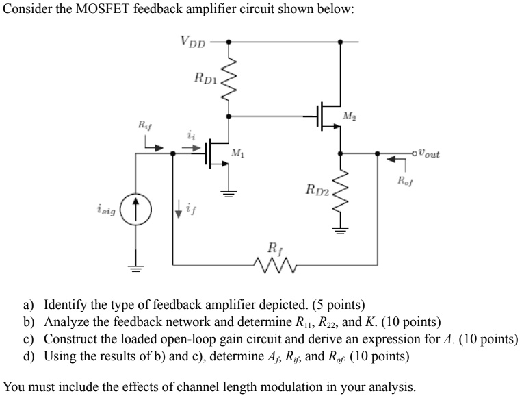 SOLVED: Consider the MOSFET feedback amplifier circuit shown below: a) Identify the type of ...