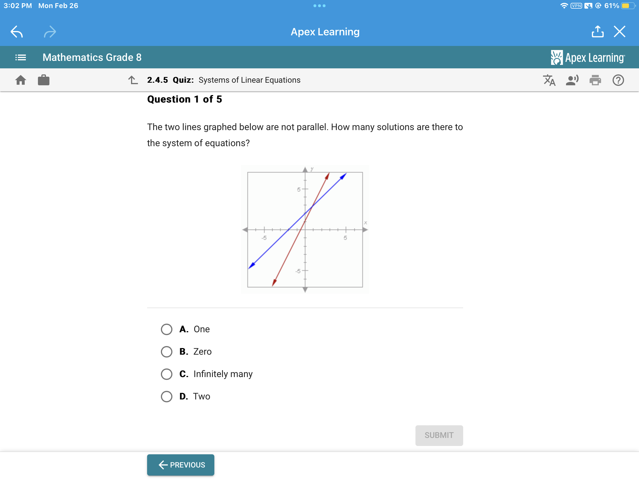 SOLVED: 3:02 PM Mon Feb 26 Apex Learning Mathematics Grade 8 Apex Learning 2.4.5 Quiz: Systems ...