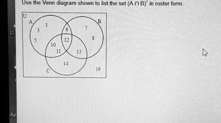 Use the Venn diagram shown to list the set (A ∩ B)' in roster form. U A ...