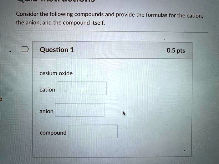 SOLVED: Consider the following compounds and provide the formulas for the cation; the anion, and ...