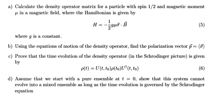 SOLVED: a) Calculate the density operator matrix for a particle with spin 1/2 and magnetic ...