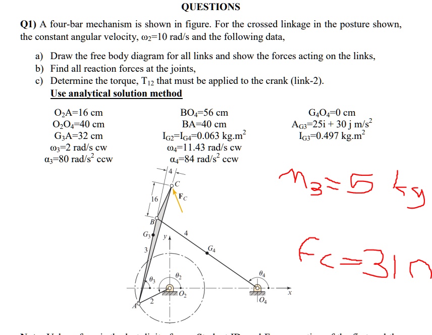 SOLVED: QUESTIONS Q1) A four-bar mechanism is shown in figure. For the crossed linkage in the ...