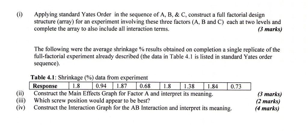 (i) Applying standard Yates Order in the sequence of A, B, C, construct ...