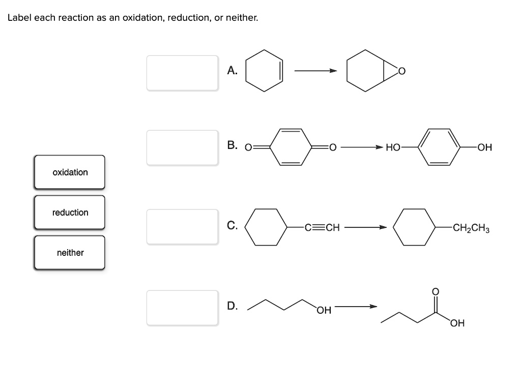 SOLVED:Label each reaction as an oxidation, reduction, or neither A B ...