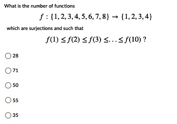 whac is the number functicons f 12345678 1234 which are surjections and such that f1 f2 f f0 10128