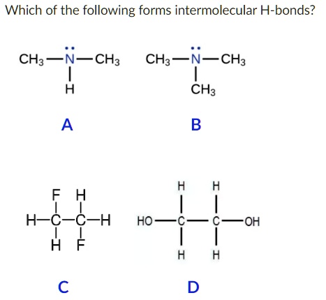 SOLVED: Which of the following forms intermolecular H-bonds? CH3 = CH3 CH3 - CH3 CH3 HC-C-H H HO OH