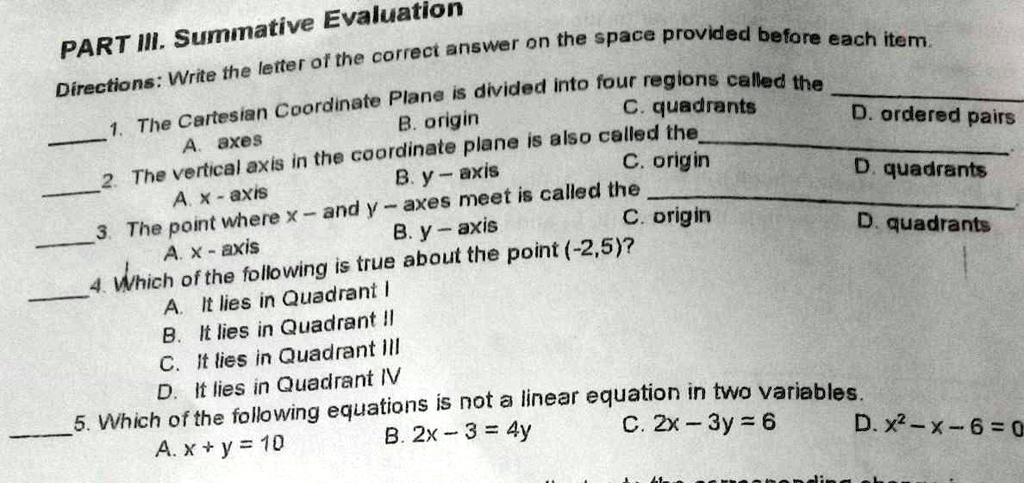 PART III. Summative Evaluation Directions: Write the letter of the ...