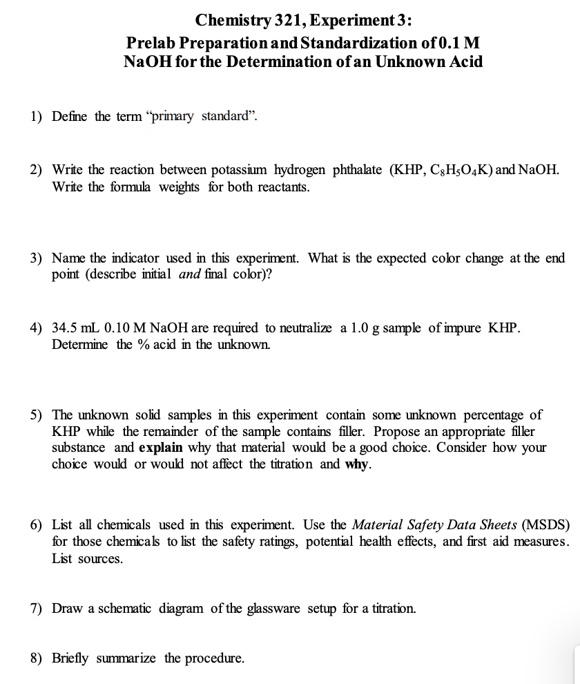 SOLVED: Chemistry 321, Experiment 3: Prelab Preparation and ...