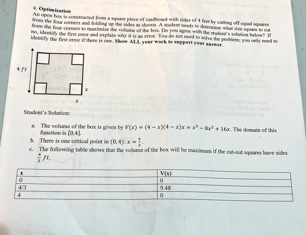 optimization an open box is constructed from a square piece of ...