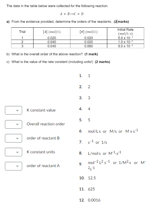 SOLVED: The data in the table below were collected for the following reaction. A+B → C+D a) From ...