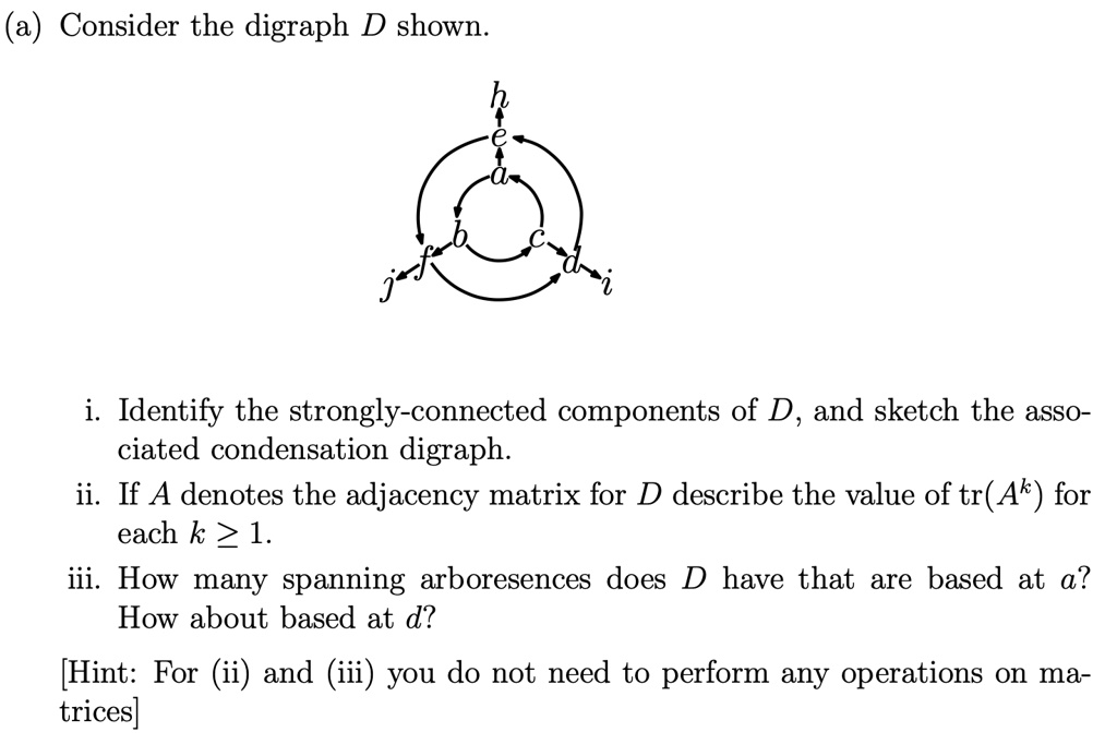 SOLVED: Consider the digraph D shown. i. Identify the strongly ...