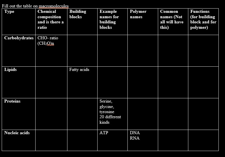SOLVED: Fill out the table on macromolecules | Type | Chemical Building ... SOLVED: Fill out the table on macromolecules | Type | Chemical Building ...