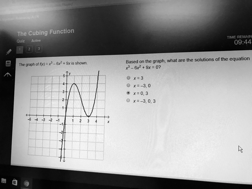 SOLVED: 'The graph of f(x) = x3 -6x2 + 9x is shown. Based on the graph, what are the solutions ...
