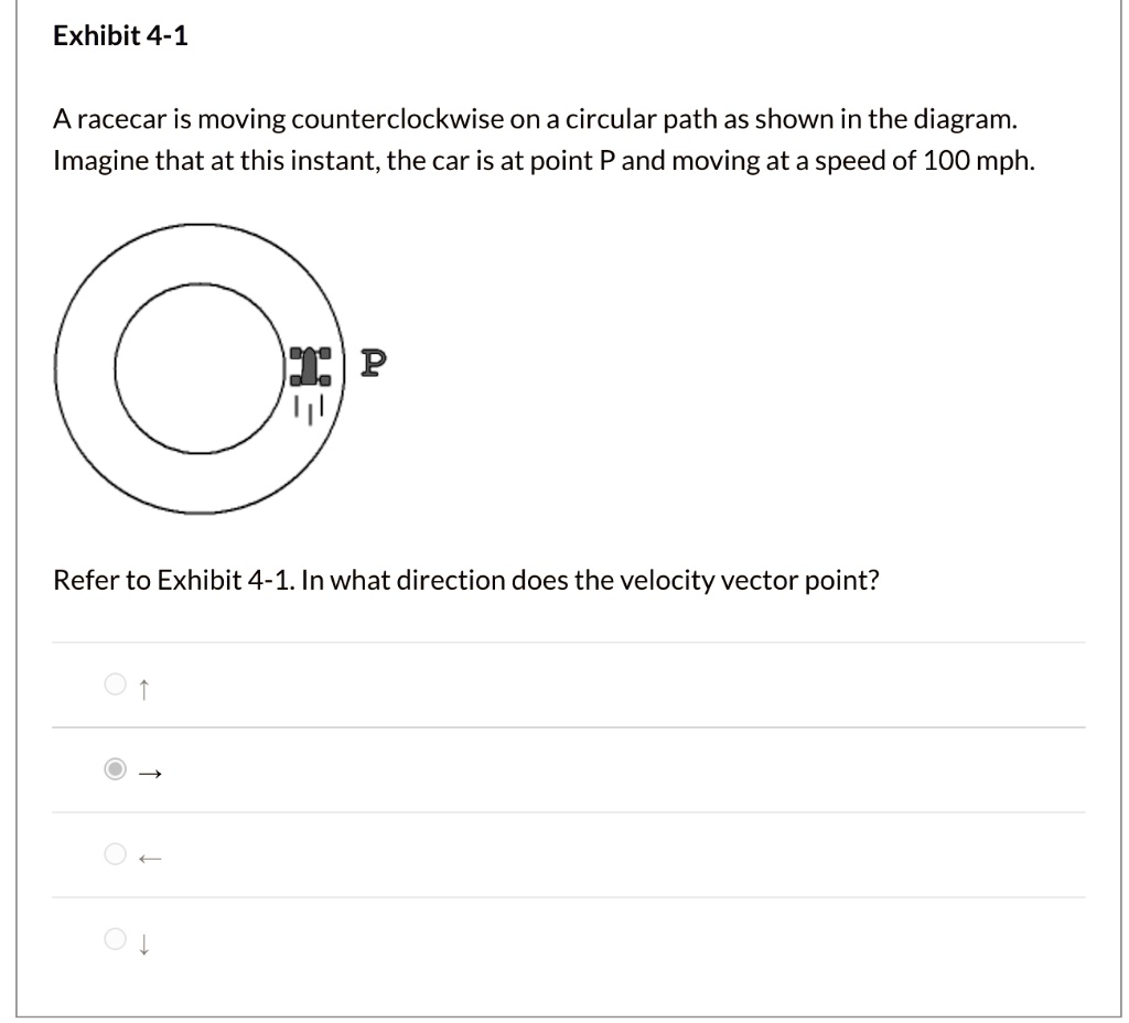 exhibit 4 1 aracecar is moving counterclockwise on a circular path as shown in the diagram ...