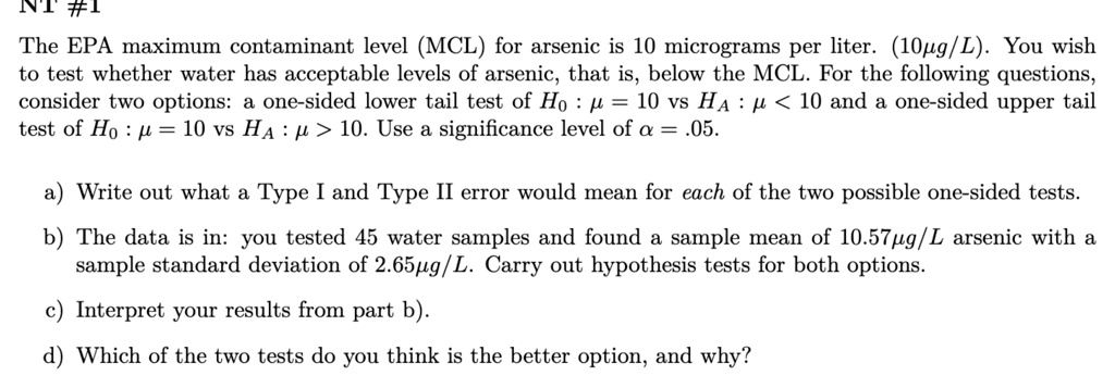 SOLVED: N1 #1 The EPA maximum contaminant level (MCL) for arsenic is 10 ...