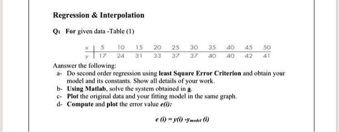 SOLVED: Regression Interpolation For given data - Table (V) 45 40 40 42 Answer the following: Do ...