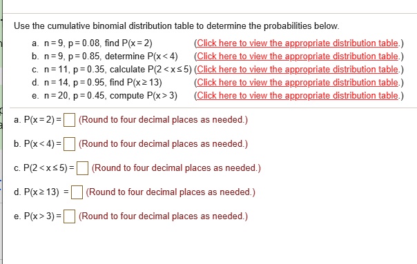SOLVED:Use the cumulative binomial distribution table to determine the ...