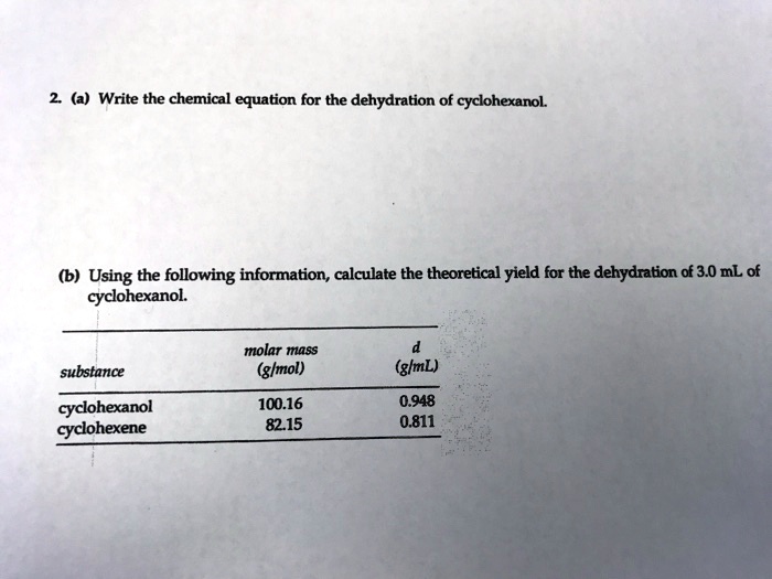 SOLVED: (a) Write the chemical equation for the dehydration of cyclohexanol. (6) Using the ...