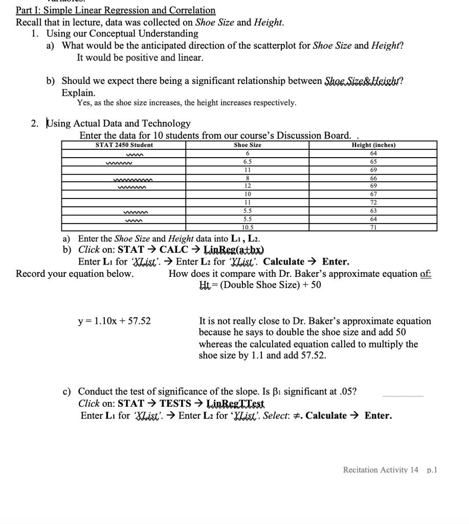 Part I: Simple Linear Regression and Correlation Recall that in lecture ...