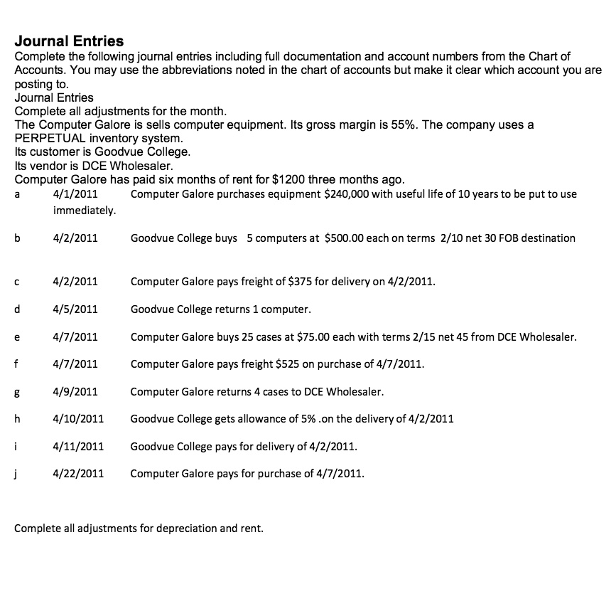 Journal Entries Complete the following journal entries including full ...