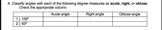 SOLVED: Classify angles with each of the following degree measures as ...