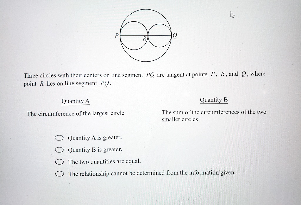 three circles with their centers 0n line segment pq are langent at points p r and q where point ...