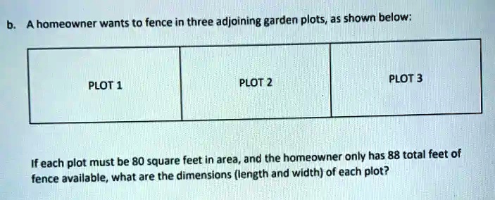 SOLVED: A homeowner wants to fence in three adjoining garden plots, as ...