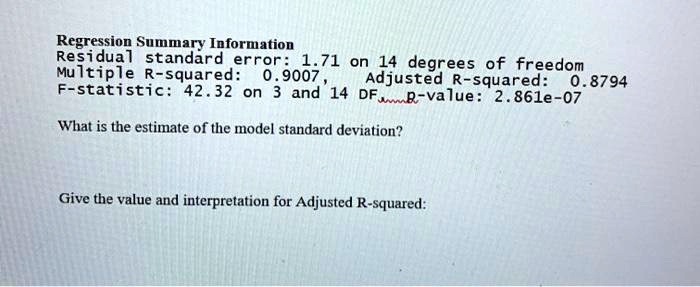 SOLVED:Regression Sstundzra Information Residual error 1.71 9007 on 14 ...