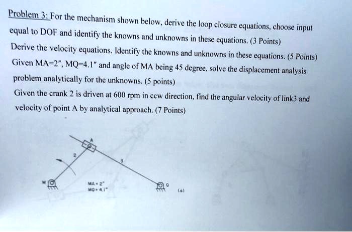Problem 3: For the mechanism shown below, derive the loop closure equations, choose input equal ...