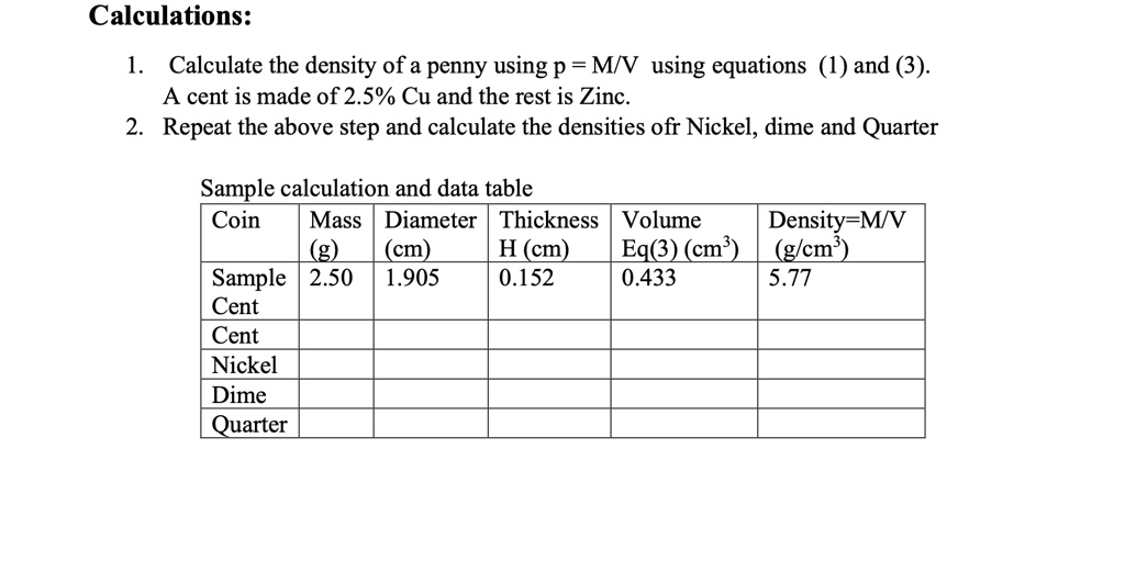 calculations calculate the density of a penny using p miv using ...