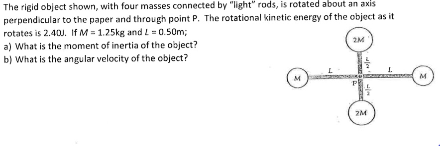 SOLVED: The rigid object shown, with four masses connected by "light ...
