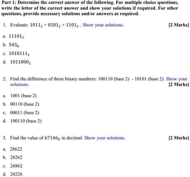 part i determine the correct answer of the following for multiple ...