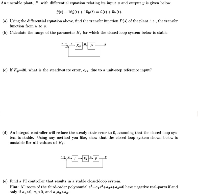 an unstable plant p with differential equation relating its input u and ...