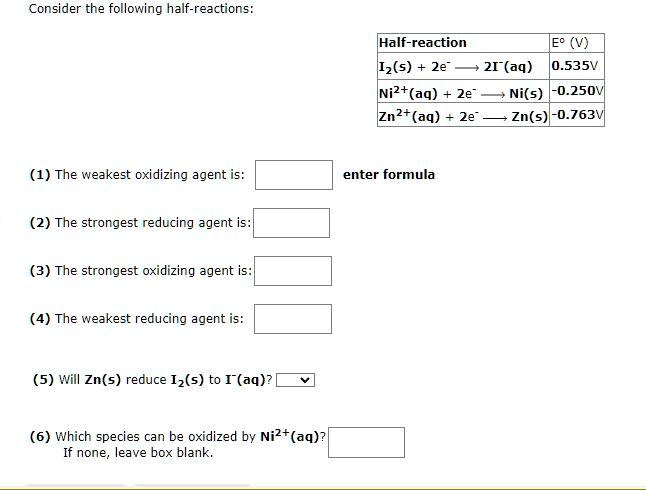 SOLVED: Consider the following half-reactions: Half-reaction E(V I2s+2e ...