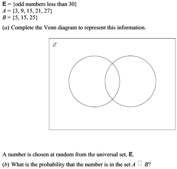 E = odd numbers less than 30 A = 3, 9, 15, 21, 27 B = 5, 15, 25 (a ...