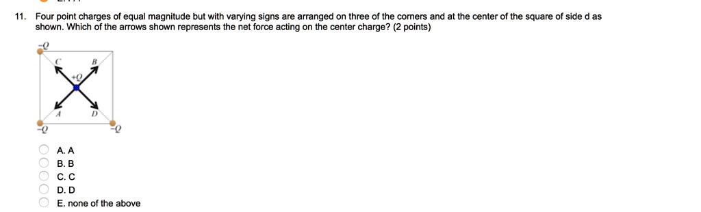 SOLVED: Four point charges of equal magnitude but with varying signs are arranged on three of ...